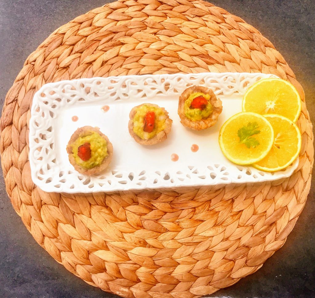 Plantain Baskets Topped with Guacamole & Chicken Tikka