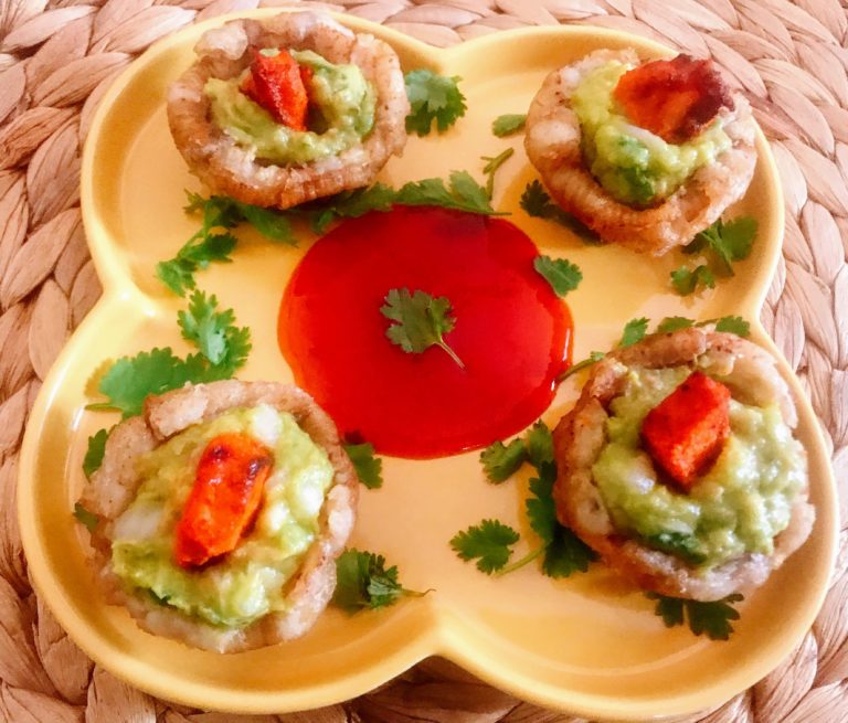 Plantain Baskets Topped with Guacamole & Chicken Tikka