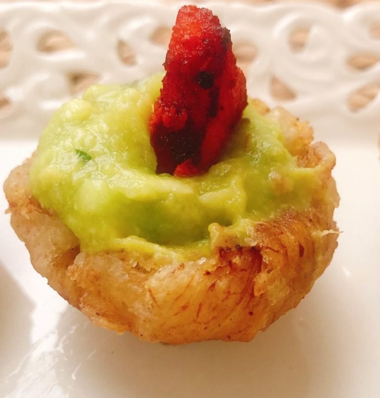 Plantain Baskets Topped with Guacamole & Chicken Tikka